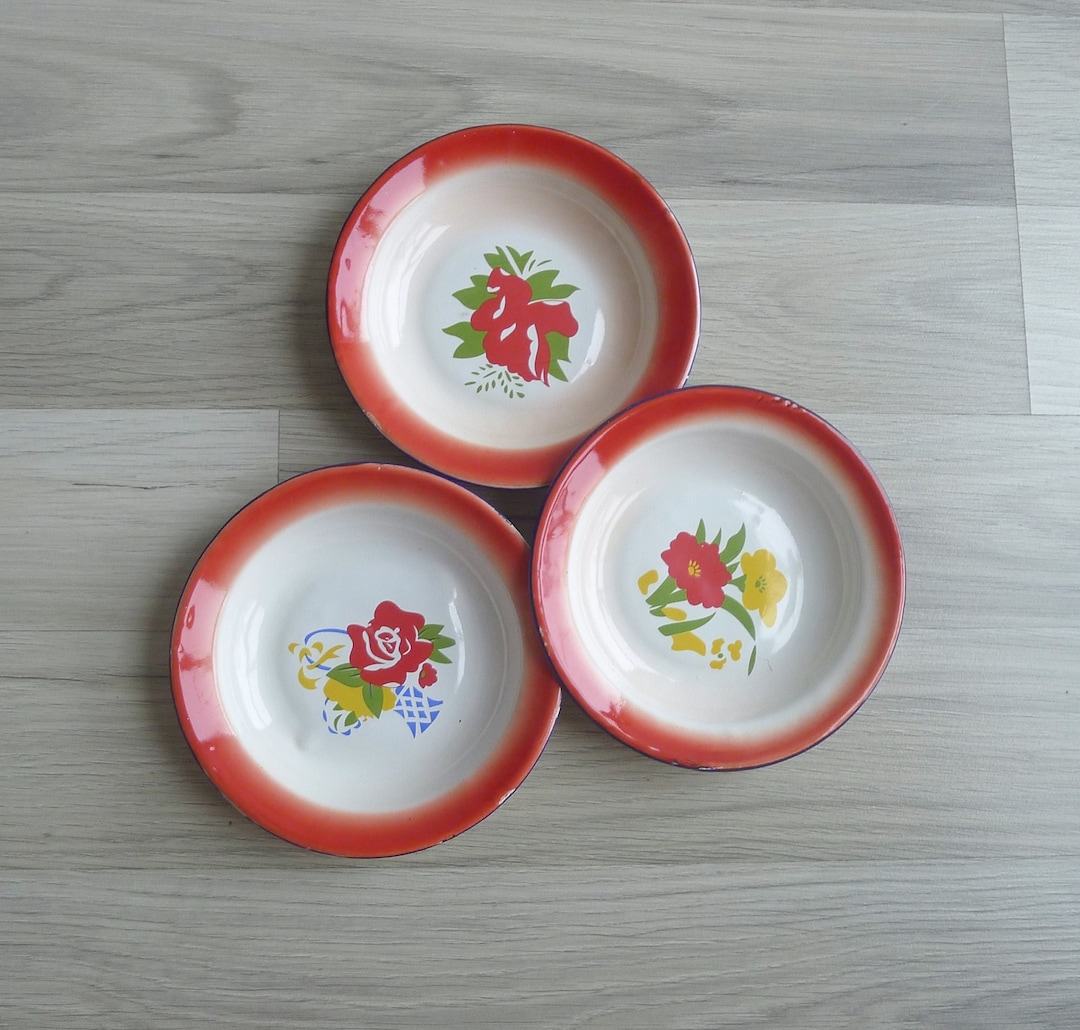 Vintage '50s Kitschy Enamel Ware Red Floral Medium Plates - Etsy