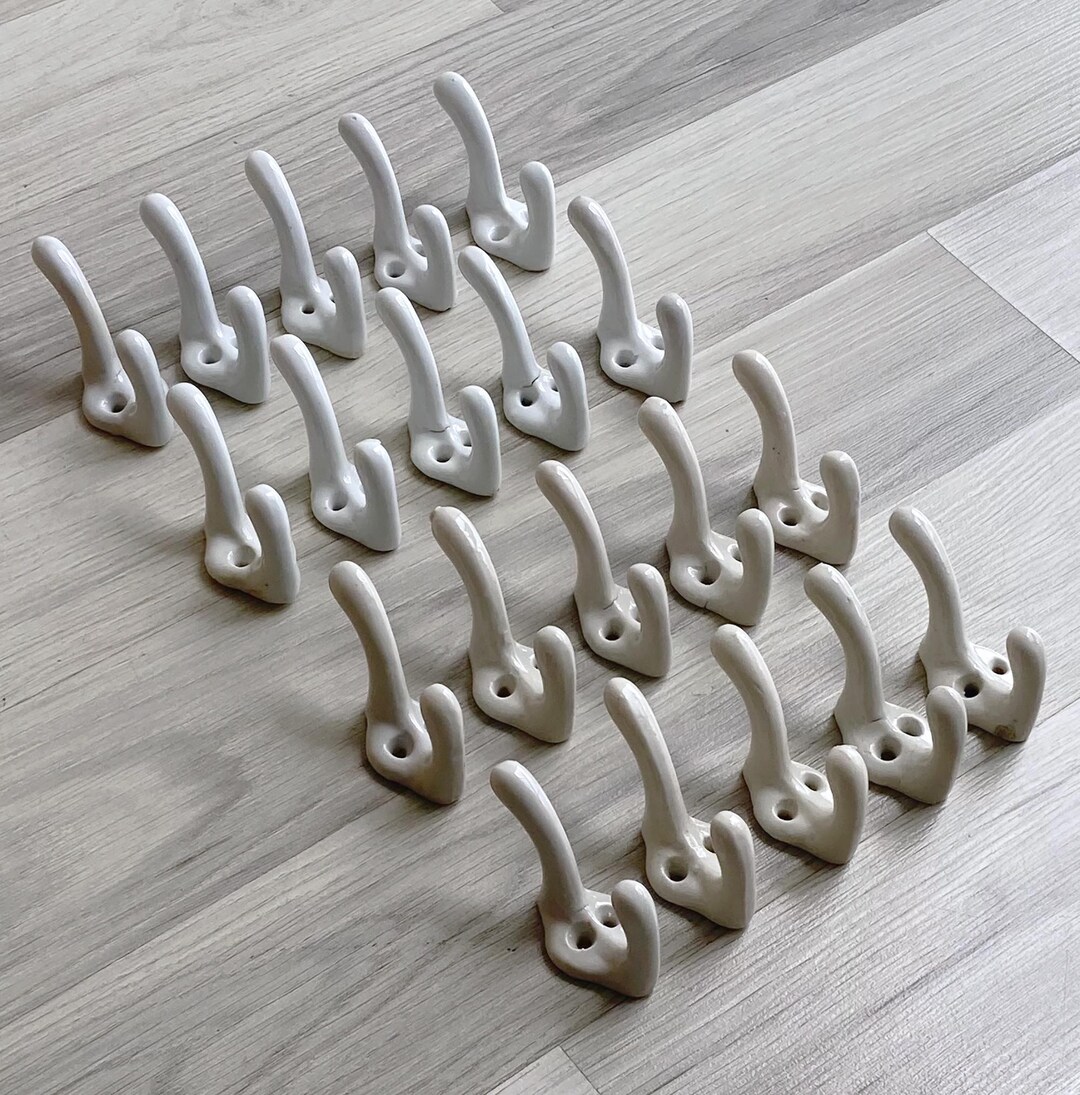 Vintage 50s Porcelain Wall Hooks Set of 5, White Ceramic Double Hook ...