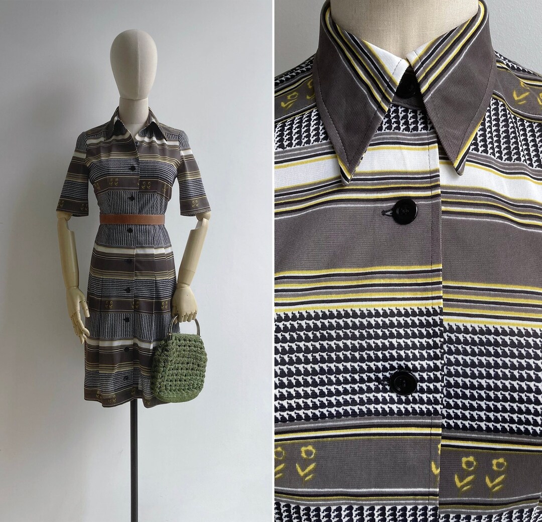 HAPPY2025 Vintage '70s Puccini Grey & Yellow Striped Shirt Dress XS-S ...