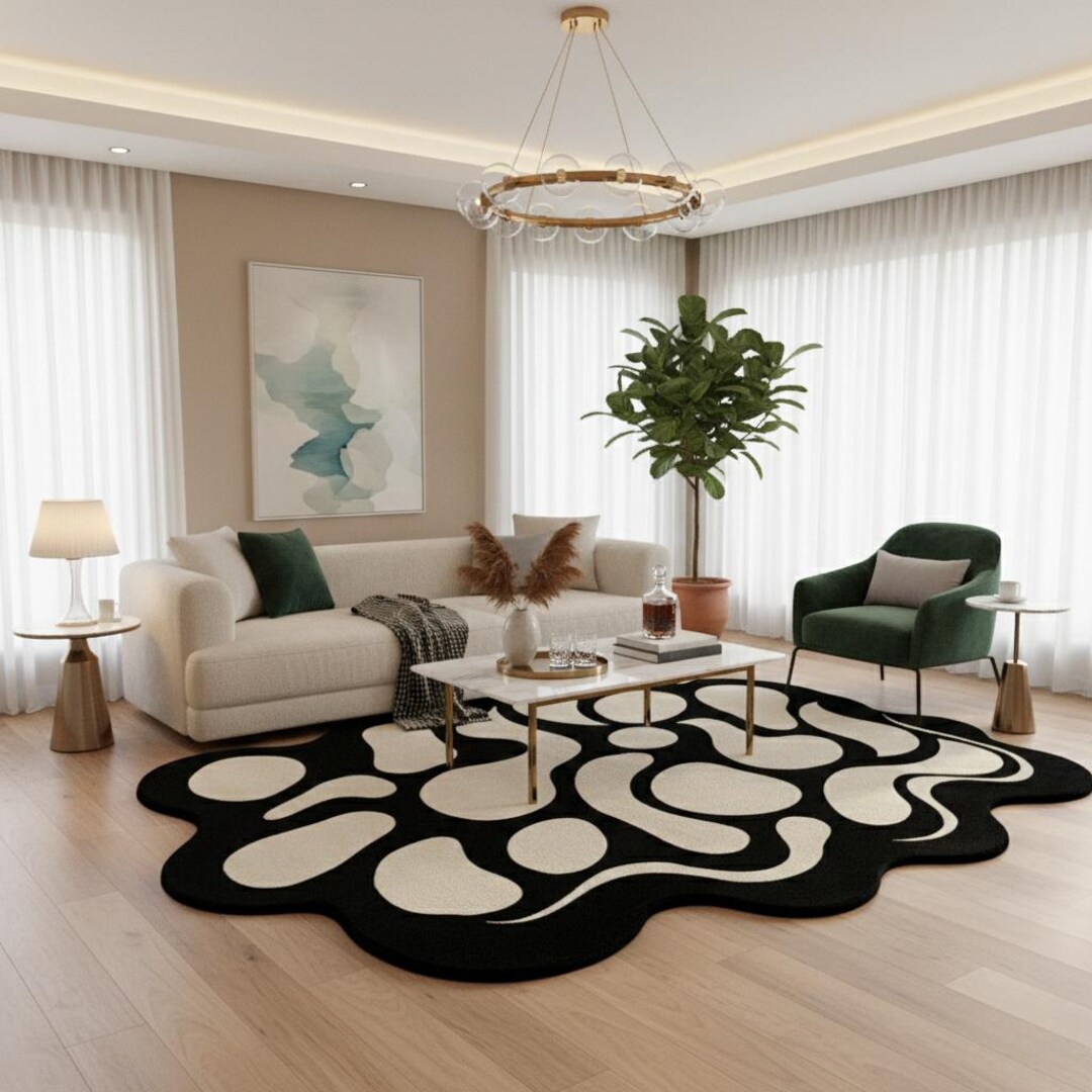 Irregular Shaped Area Rug for Living Room, Hand Tufted Black and White ...