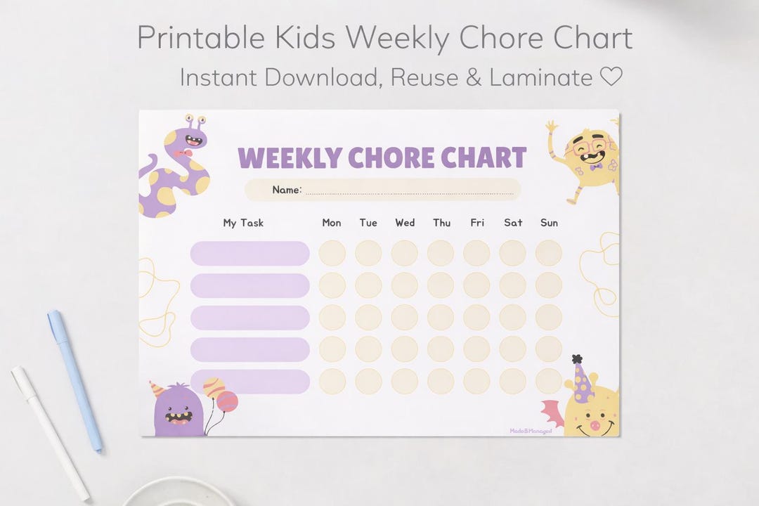 Kids Weekly Chore Chart Printable | Monster Routine Chart | Visual Task ...