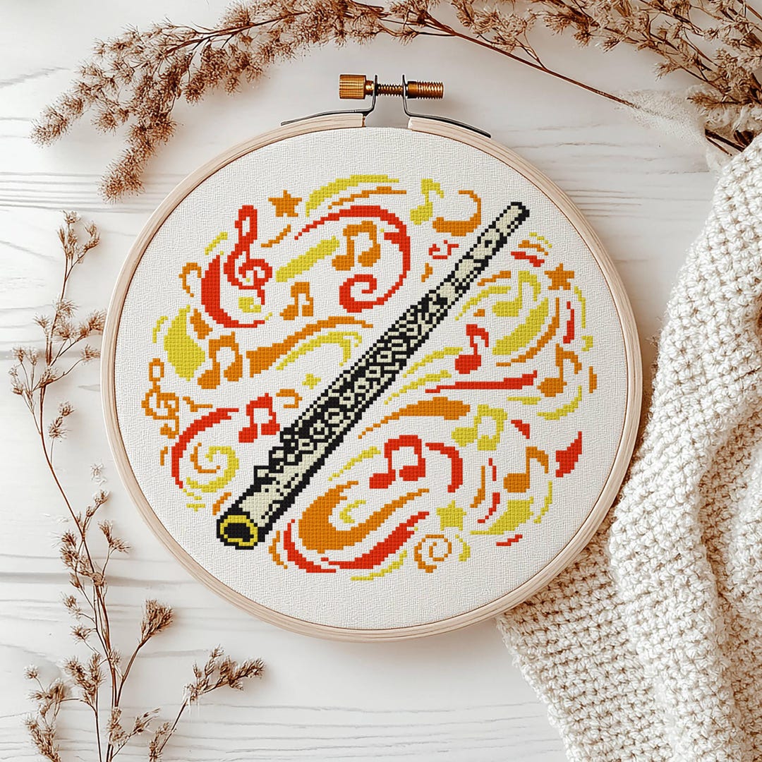 Flute Cross Stitch Pattern PDF, Modern Music Embroidery Project ...