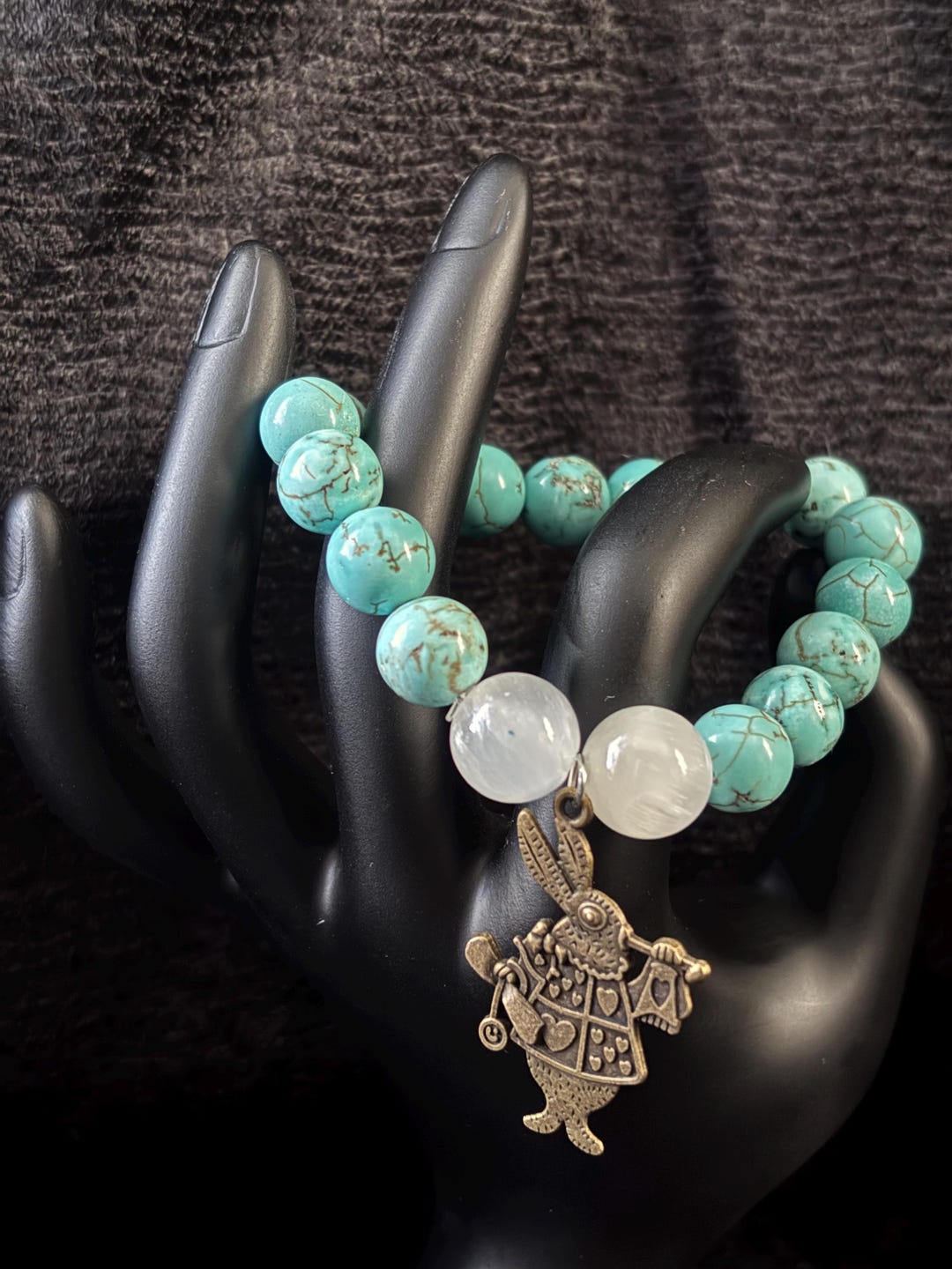 Wonderland Inspired White Rabbit Bracelet | Turquoise & Selenite Beads ...