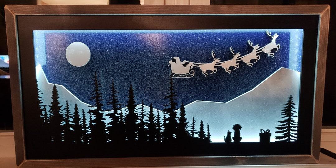 Merry Christmas LED Lit Shadow Box Dog and Cat Santa and Reindeer - Etsy