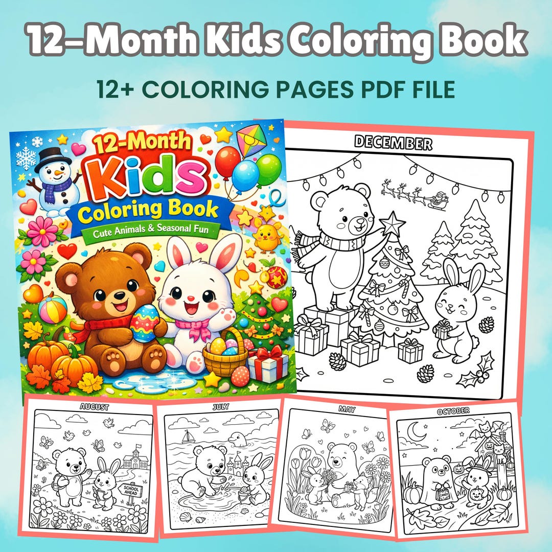 12-month Kids Coloring Book Printable | Seasonal & Holiday Animal Pages ...