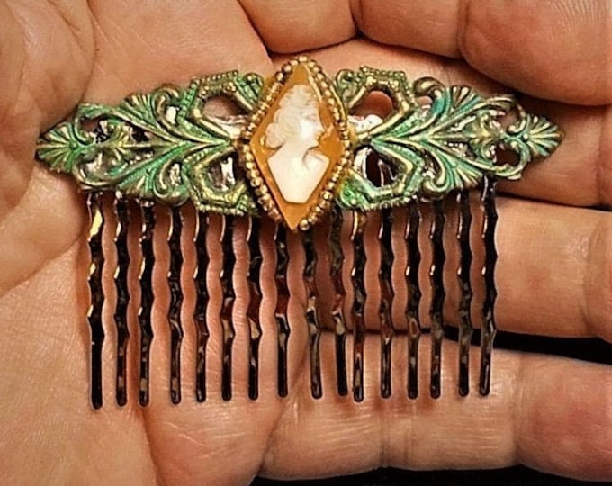 Verdigris Cameo Hair Comb Side Vintage Hand Carved Diamond | Etsy