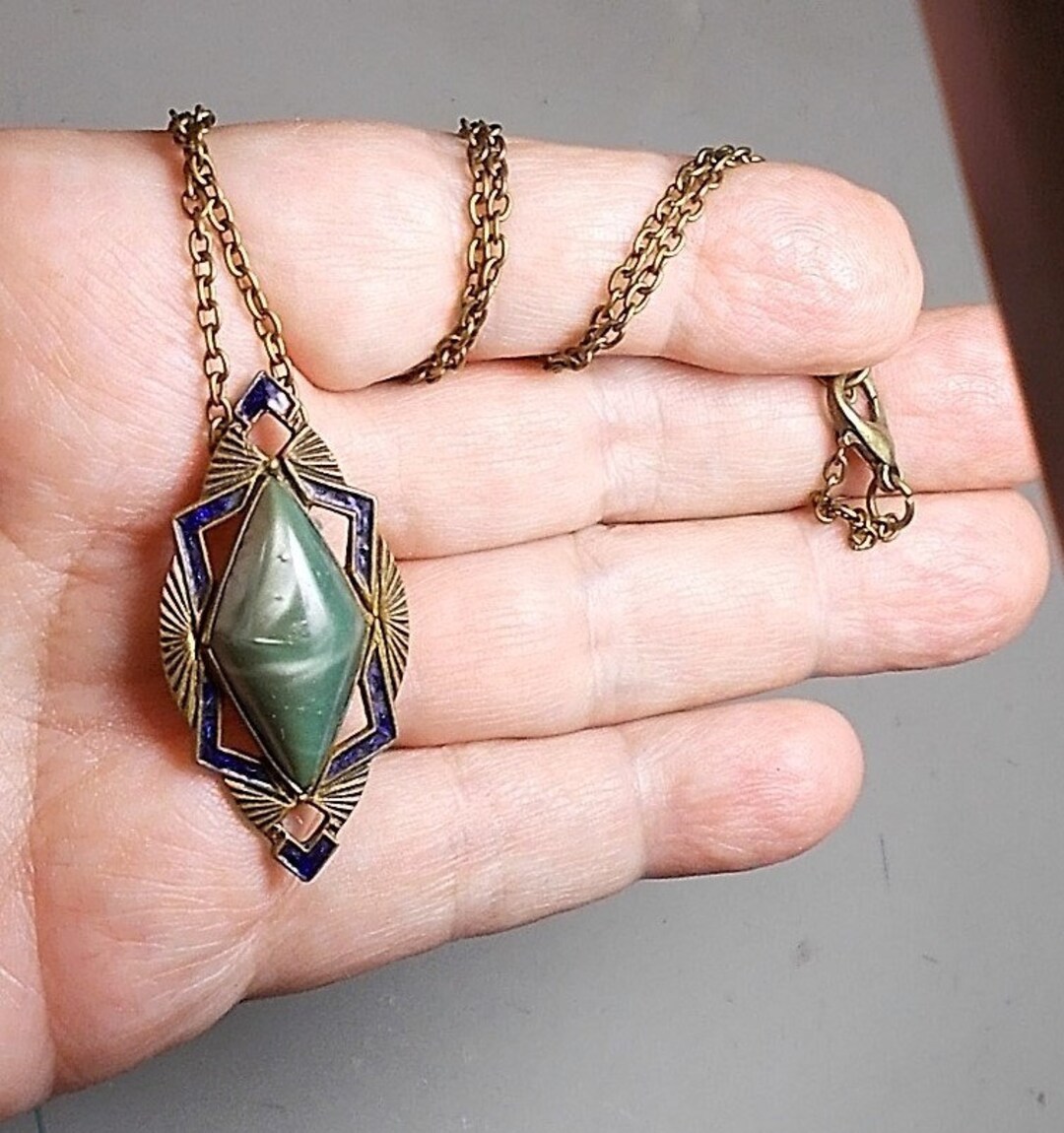 Marbled Celluloid Enameled 1920 Brass Green & Blue Marquise Shape Open ...