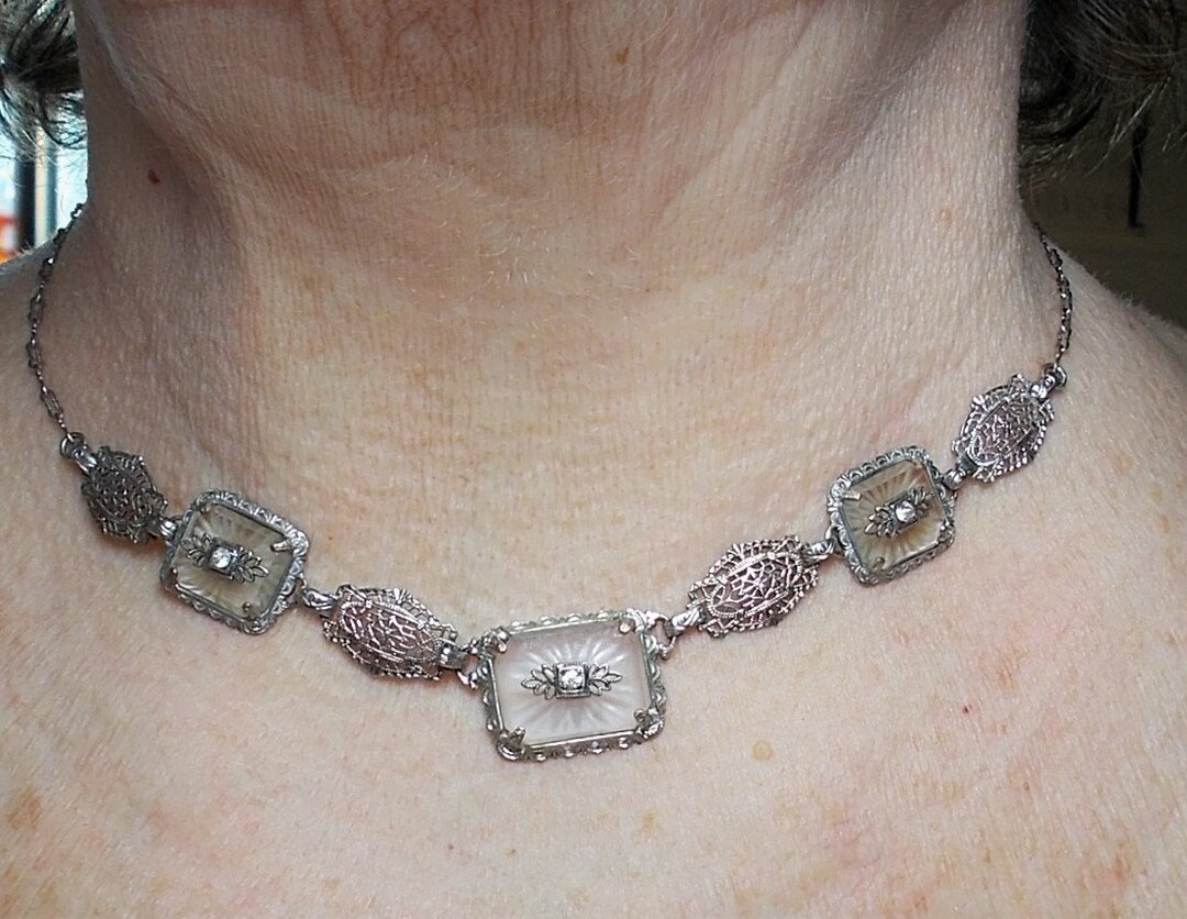 Sale 1920s 3 Piece CAMPHOR GLASS Necklace Sterling 4 Edwardian Filigree ...