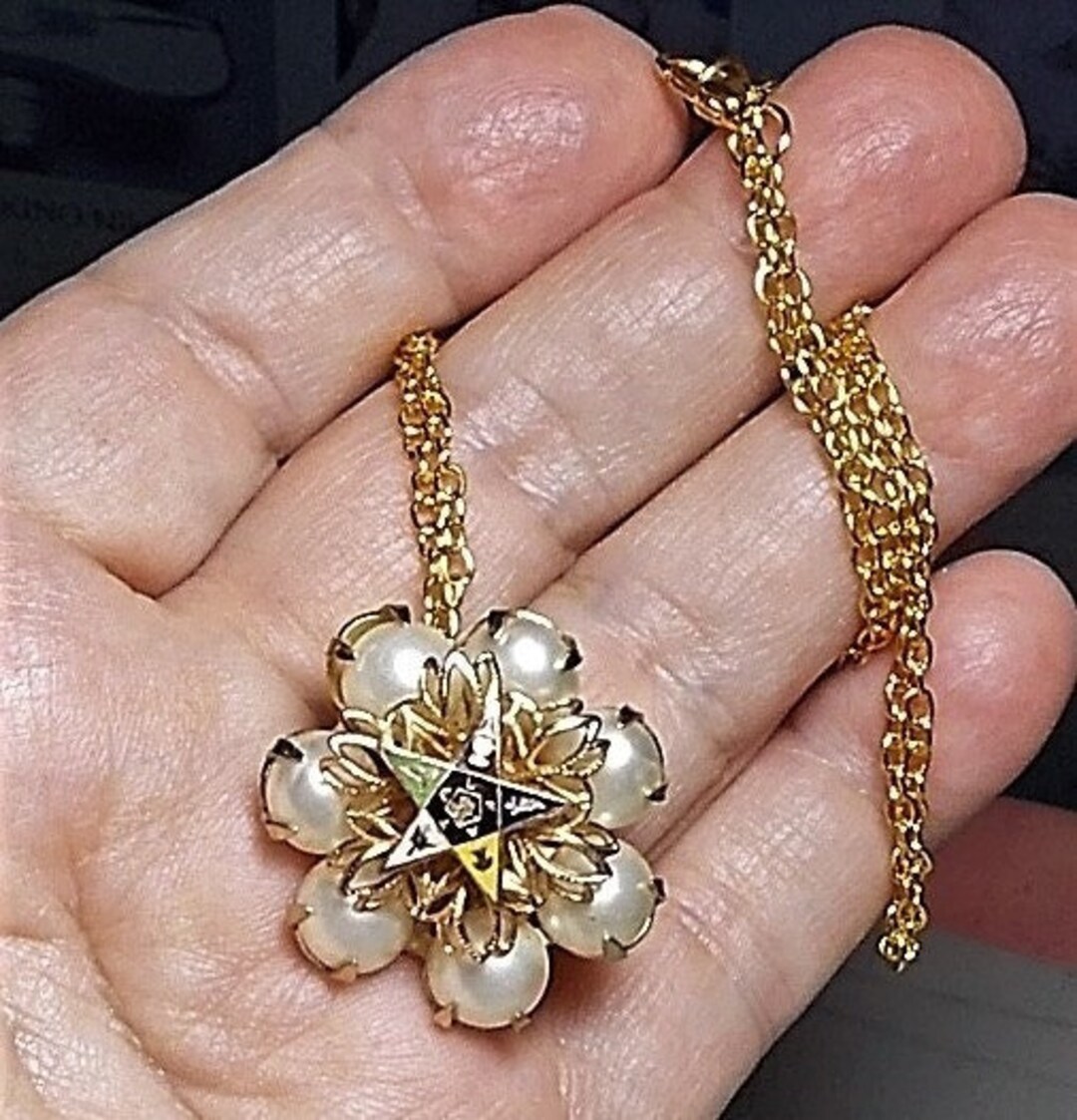 1920s Eastern Star Branch Camphor Glass Gold Filled Brooch Necklace Eastern Star Masonic Mason ...
