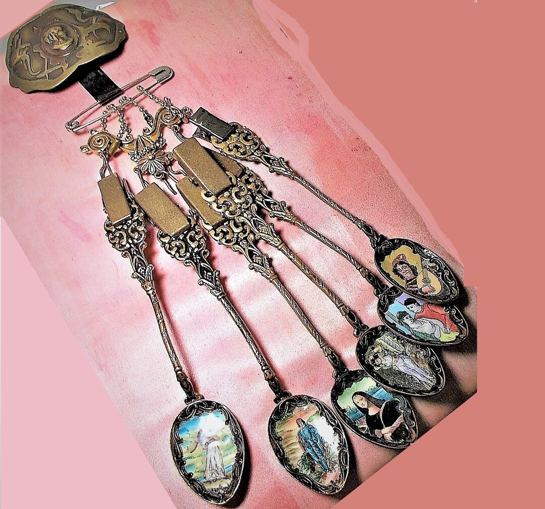 Six 5" Antique Colorful Enameled Full Portrait Brass SPOONS Czech ...
