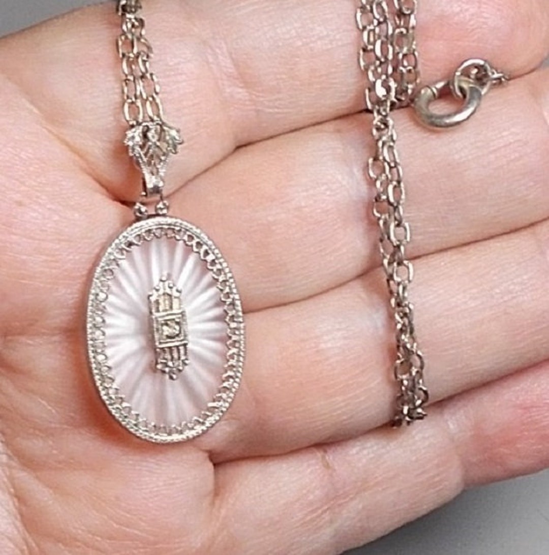 1930s Large Camphor Glass Necklace Silver Plate Etching Open Filigree ...