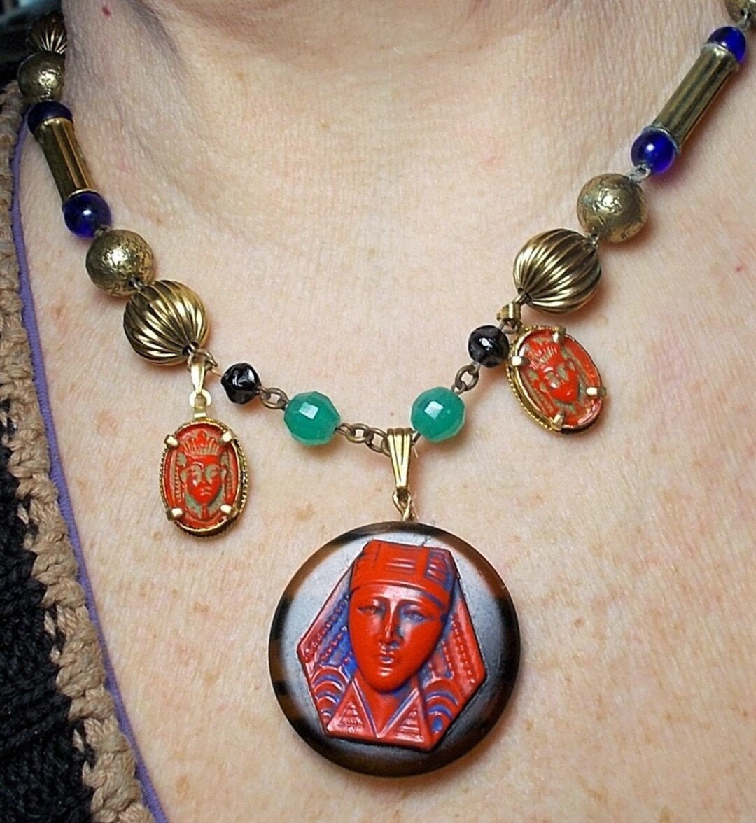 Vintage Orange Pharaoh Necklace Large Celluloid Tortoise Orange Purple ...