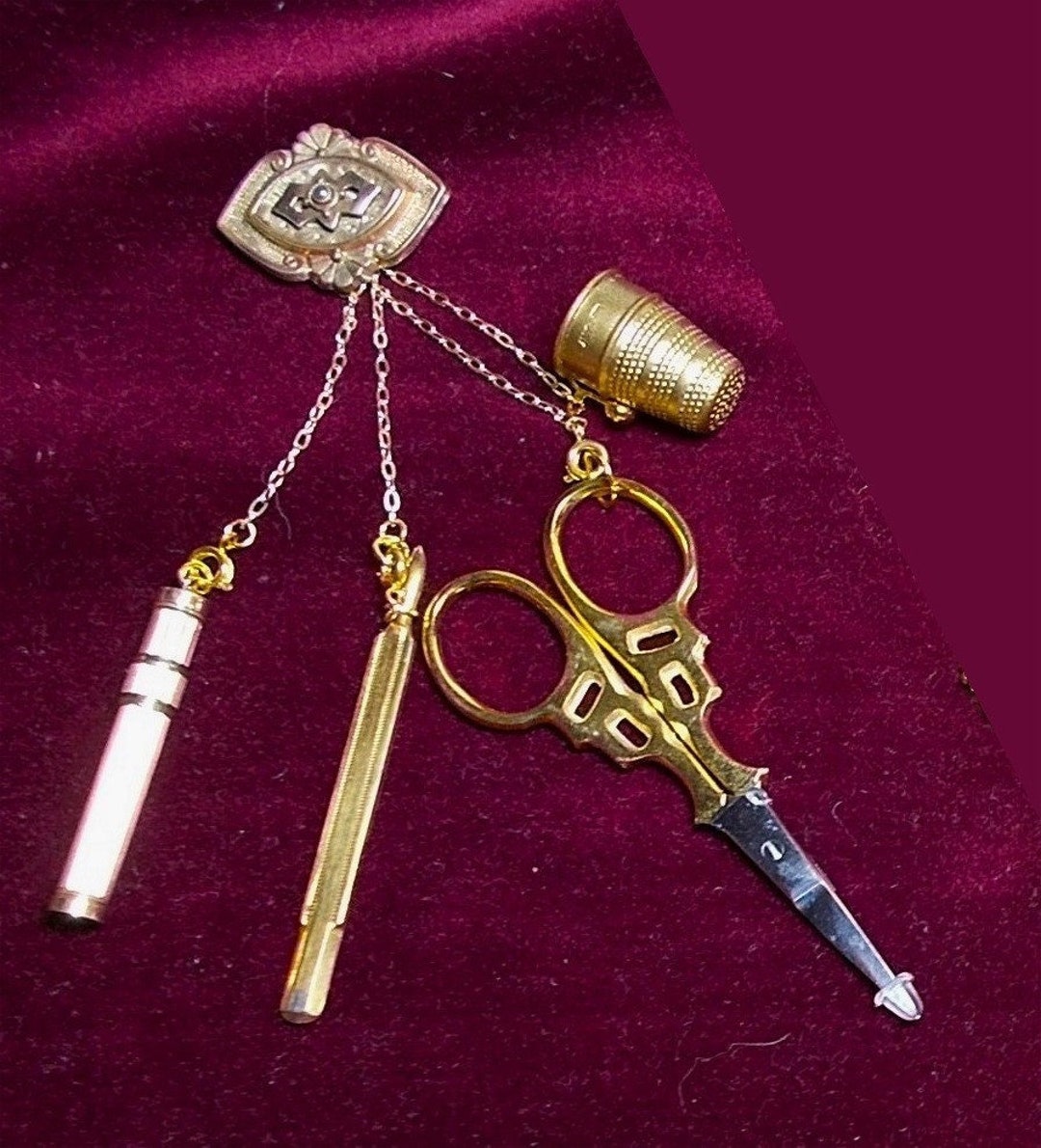 1920 TINY Sewing CHATELAINE Gold Wash Scissors, Collapsible Glove Hook ...