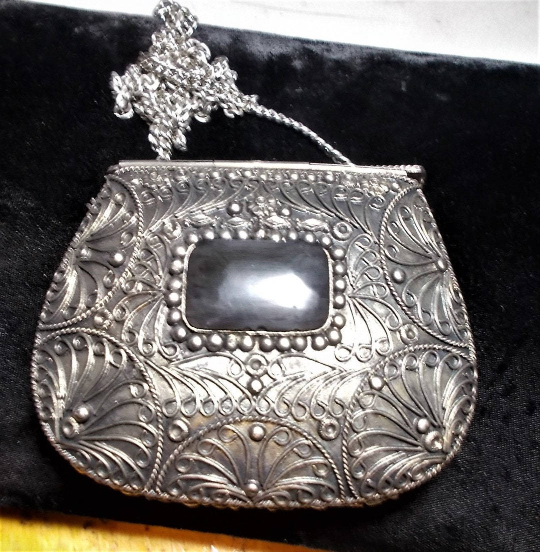 Gunmetal Purse Opens Wide, Puffy Bag With Intricate Filigree Scrolling ...