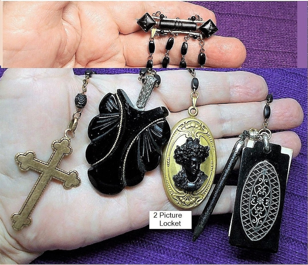 Antique Mourning CHATELAINE Black Jet Brooch, Bakelite Heart Cloak ...
