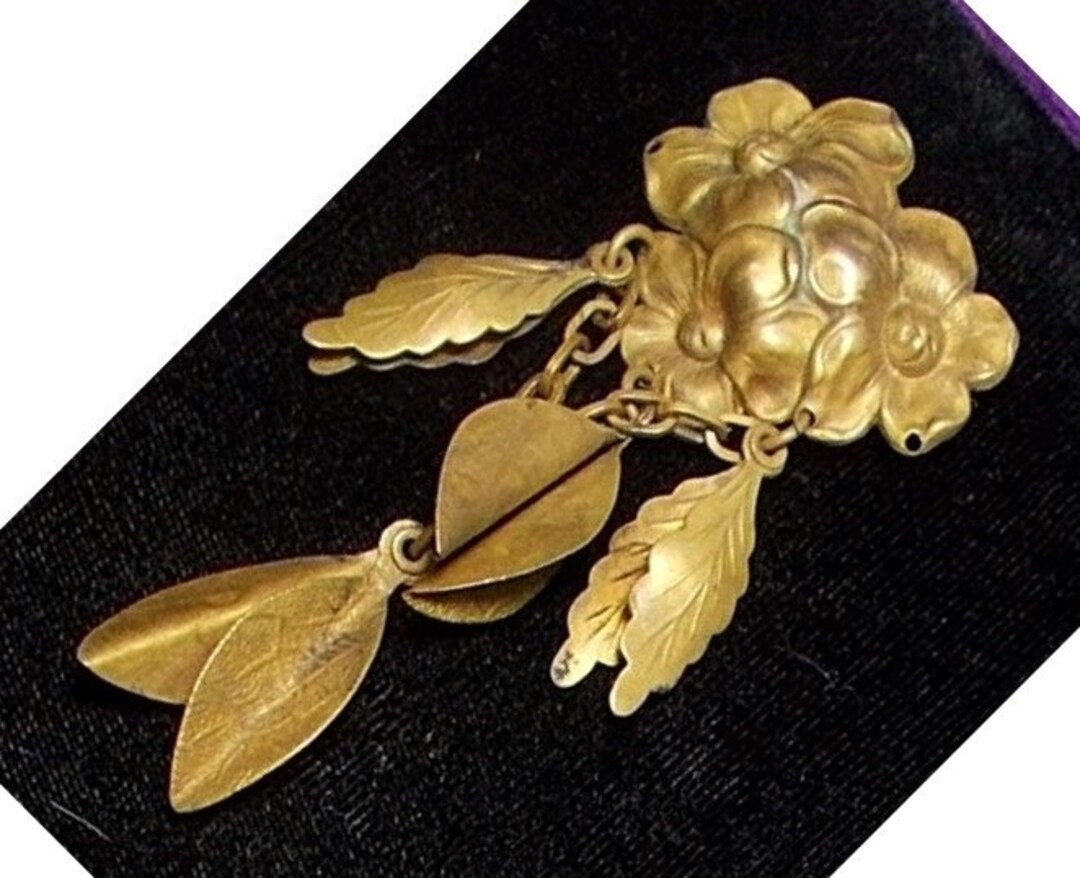 SALE 1930 Brass Repousse Flowers W/ Leaves Dangling on Chatelaine ...
