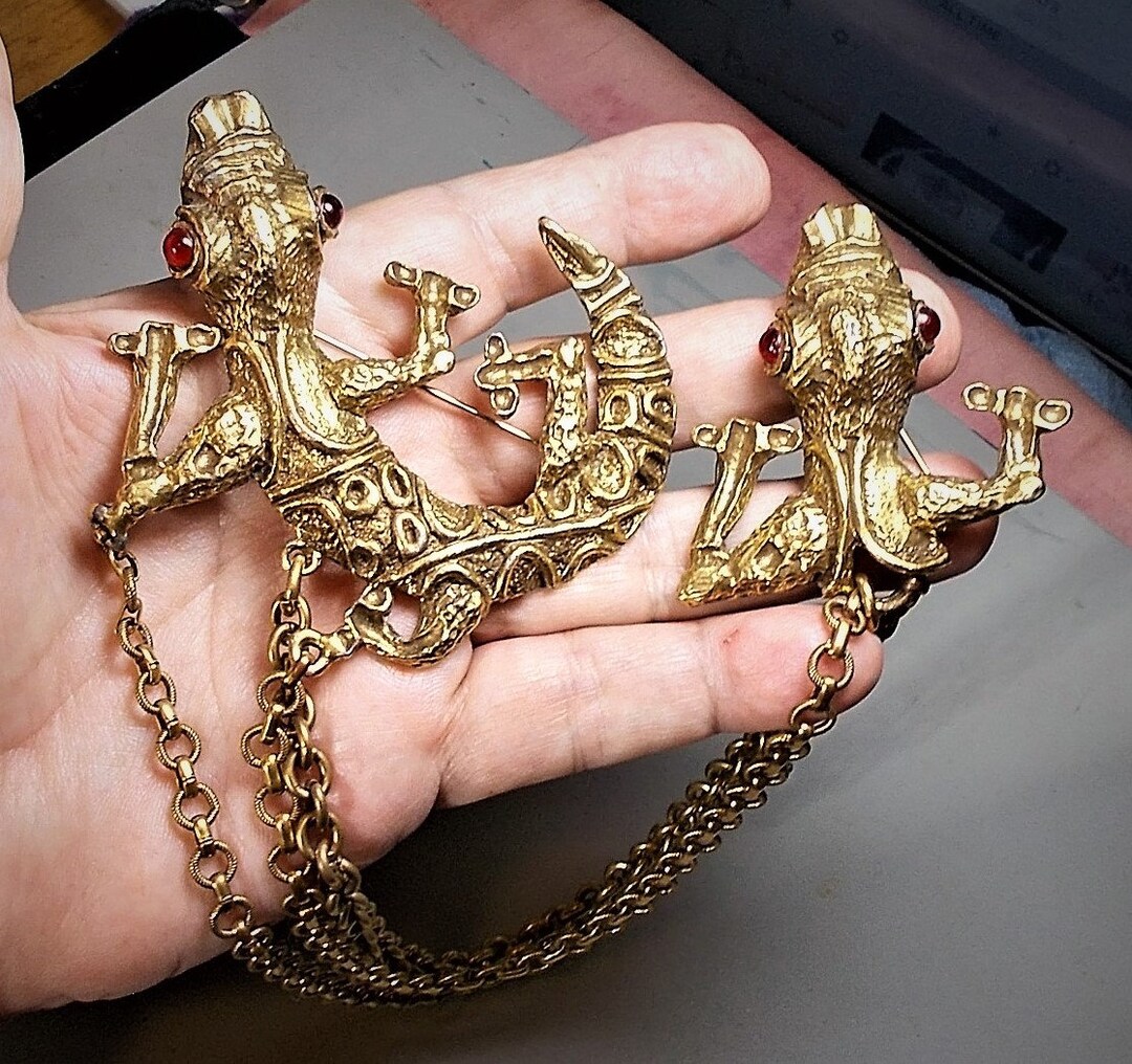 Sale HUGE Vintage Dragon Alligator Chatelaine 12" 3 Heavy Shiny Brass ...