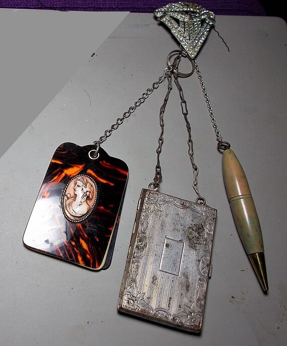 1930s Memoir Writing Chatelaine Dance Purse, Cameo C… - Gem