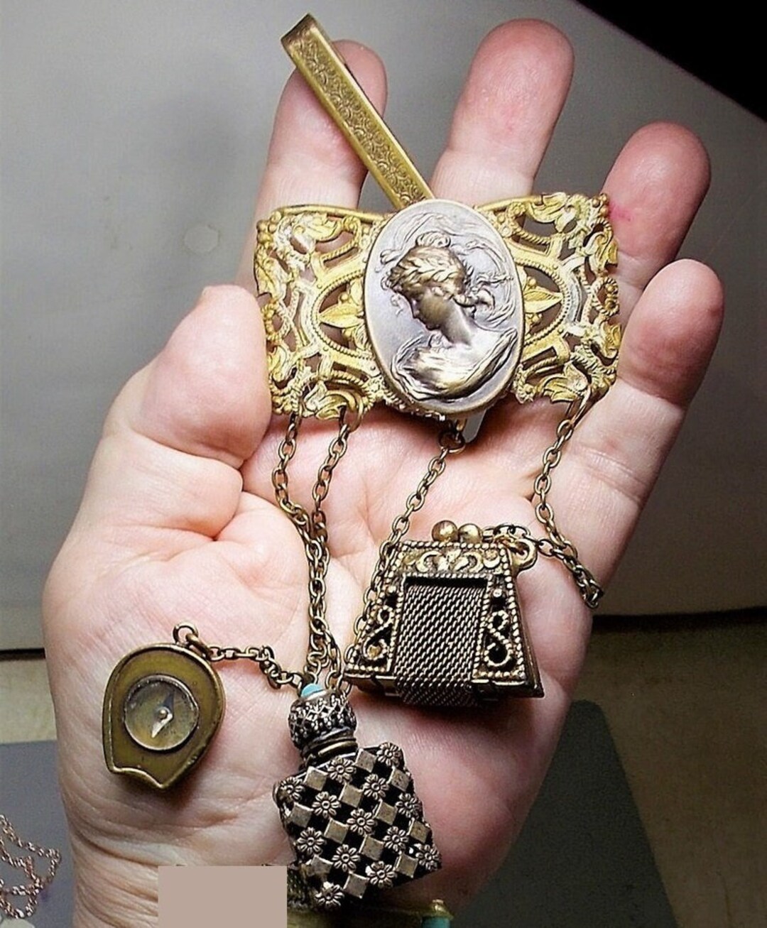 SALE CHATELAINE Nouveau Brass Filigree Cameo Belt Clip, Brass Stamps ...