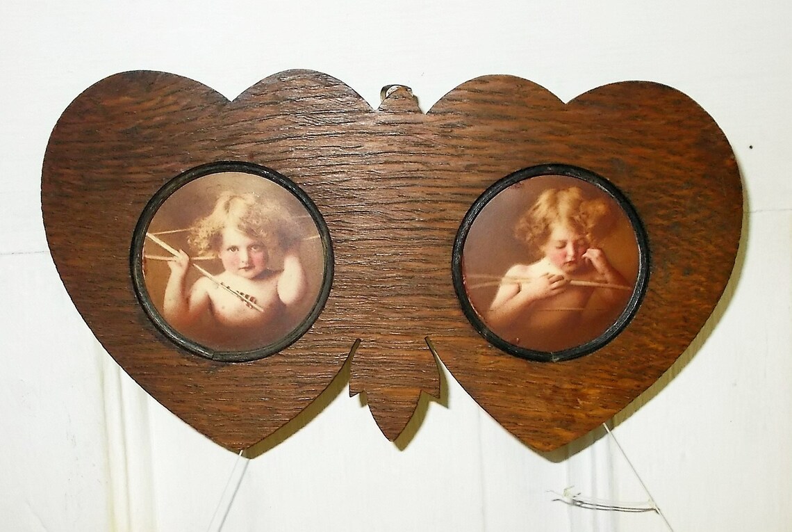 TRAMP ART Wood Heart Frame of Cupids W/ Bows 1940 Hand Etched - Etsy