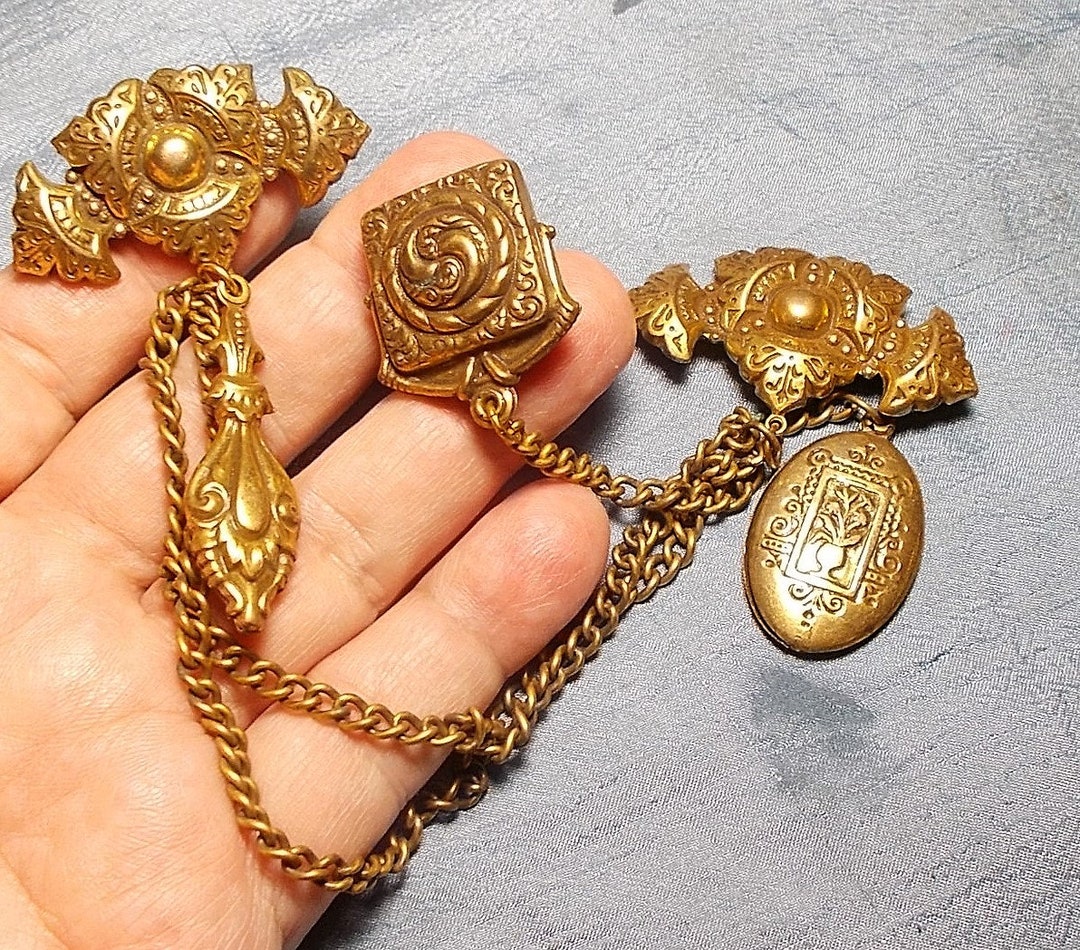 2 Brooch Swag Original Chatelaine Double Sided Shiny Brass Dangles, 2 ...