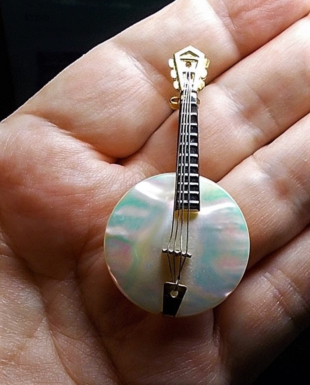 SALE Antique Mother of Pearl Banjo Brooch Marked Western Germany 2 1/3 ...