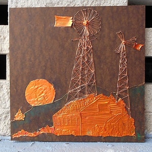 SALE Copper & Wire String Art, " This Ol" Farm". Copper Carved Log ...