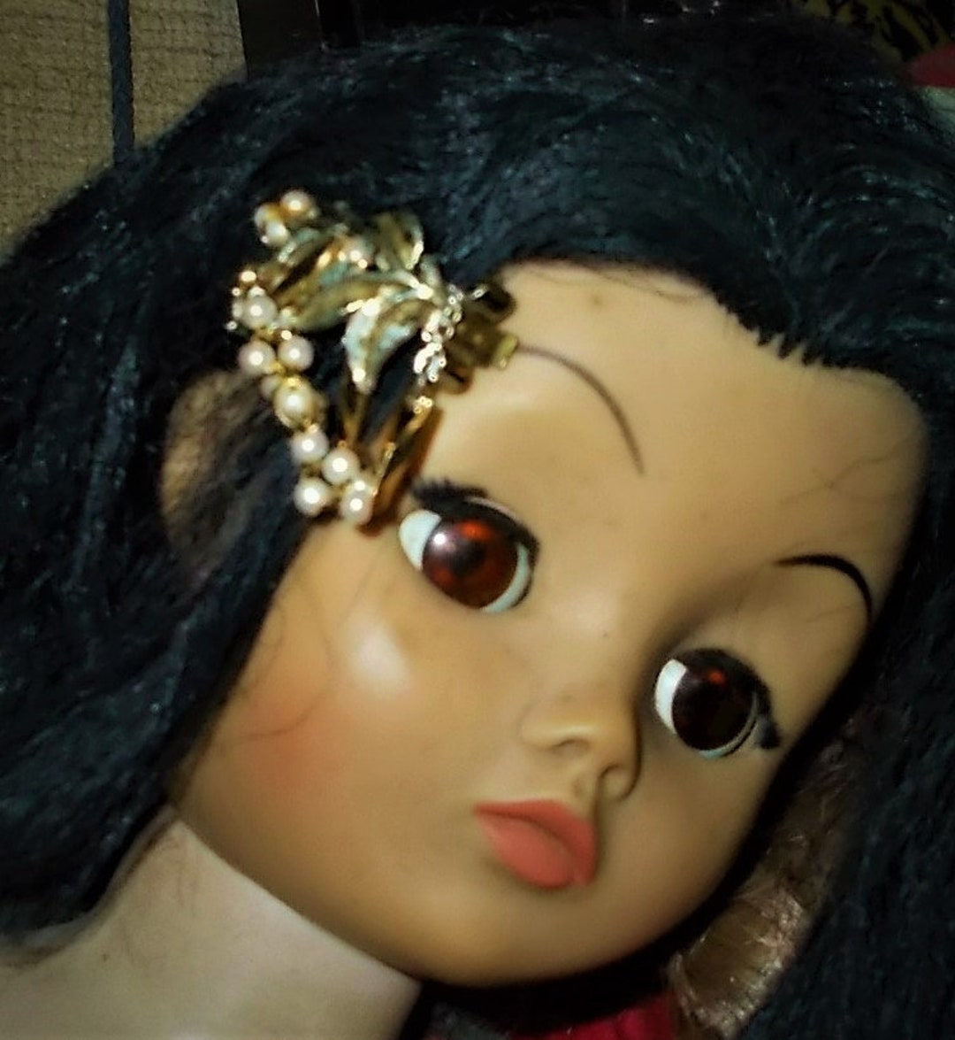 1950 Faux Rhinestone Comb Small Hinged Gold Tone Tiny Doll Size to ...