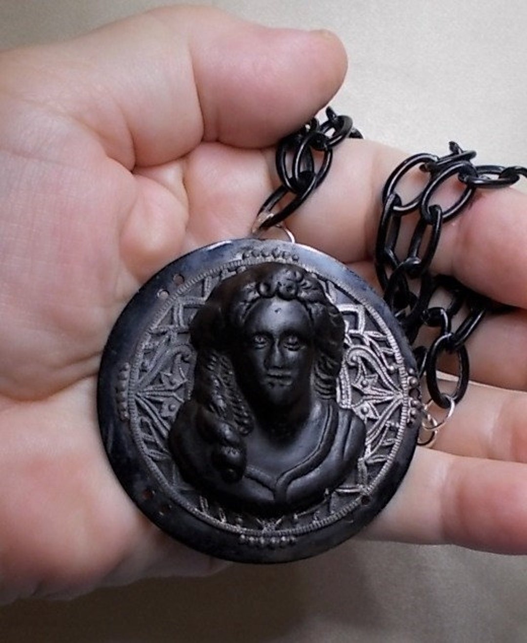 Antique Gutta Percha Black Mourning Cameo Elaborate Thick Face - Etsy