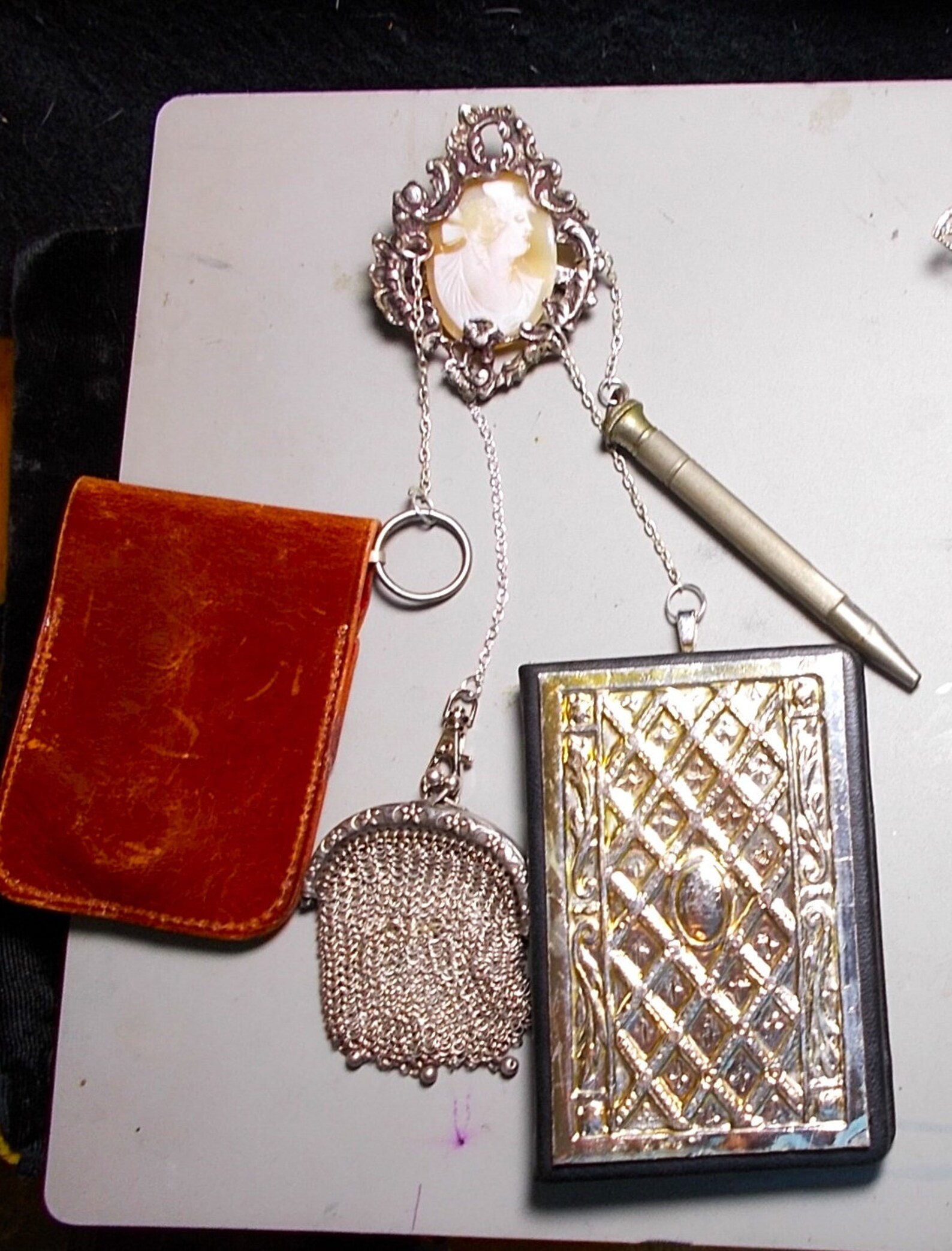 LARGE Victorian Pastime Letter Writing Antique Sterling CHATELAINE ...