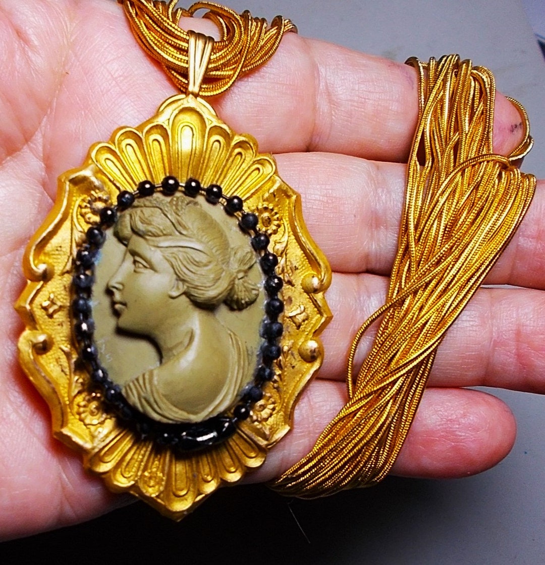 Large Gold Over Brass Lava Cameo Necklace/brooch Hand Carved High ...