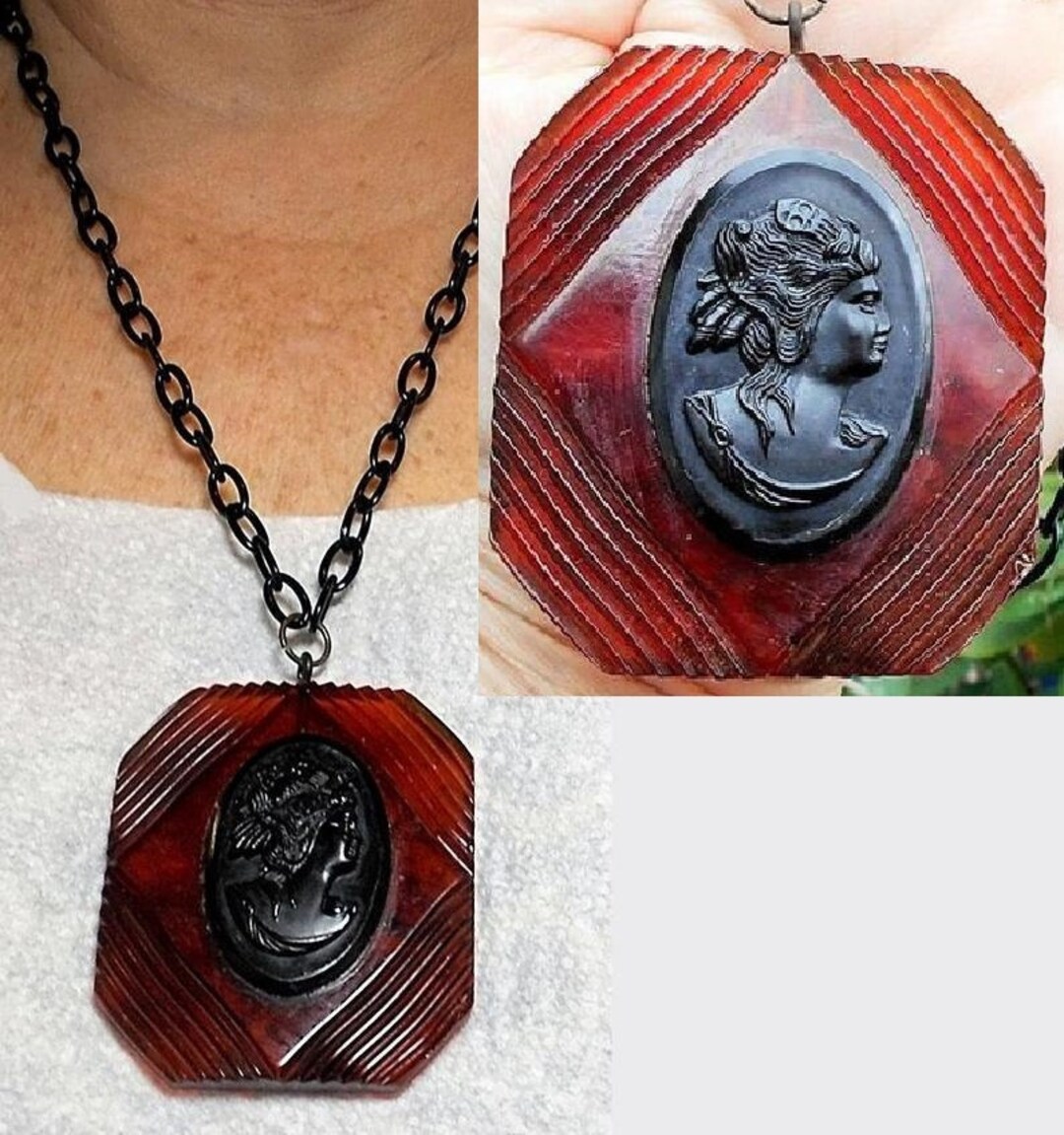 Gorgeous Honey Bakelite 3 Cameo Large Frame Art Deco Black Celluloid ...