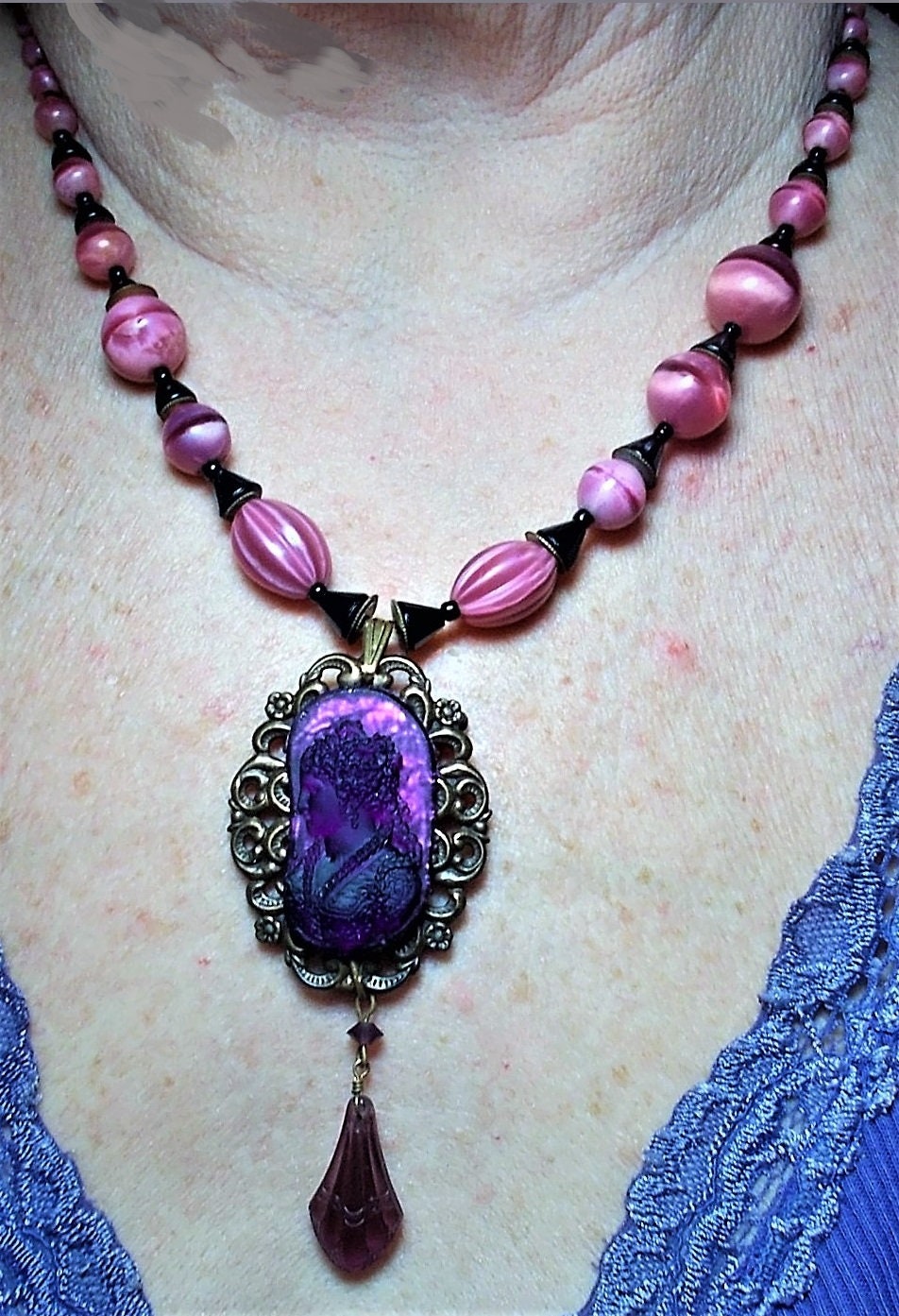 1910 Amethyst Cameo Double Winged Hat! Head Full of Curls, Braid ...