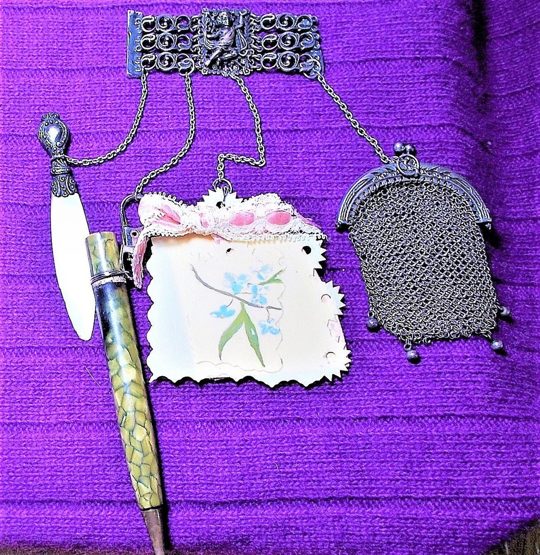 Antique Cherub CHATELAINE Brooch Victorian Pastime Letter Writing ...