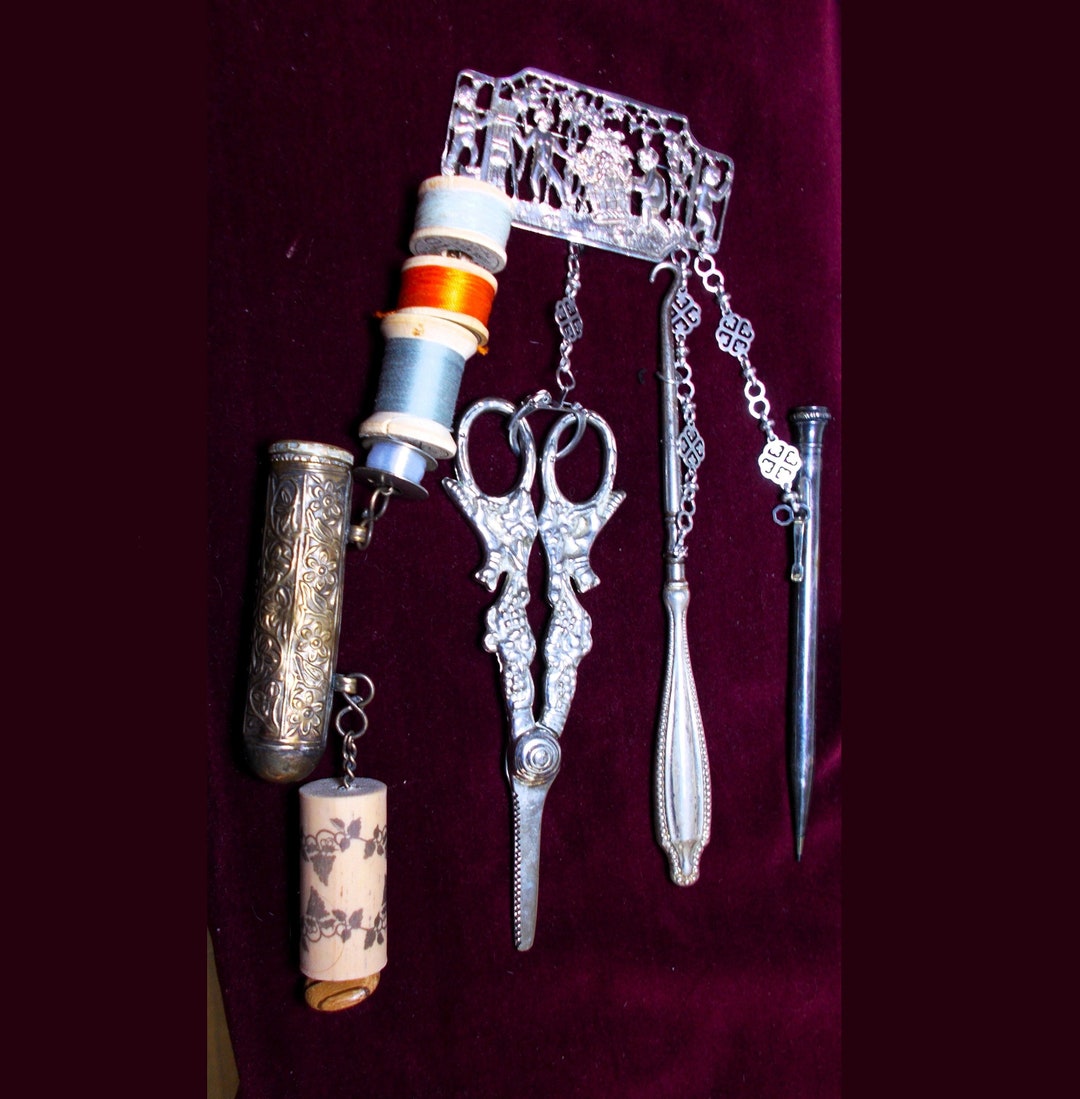 Sterling HUGE 9 Chatelaine Belt Clip 3 Sewing Tools, FOXES Grape ...