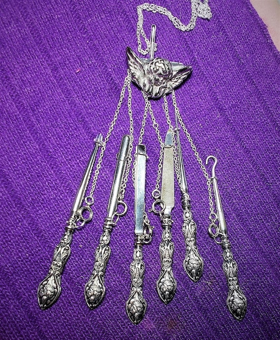 SALE Sterling CAMEO 1920 Chatelaine Sewing Tool Cheru… - Gem