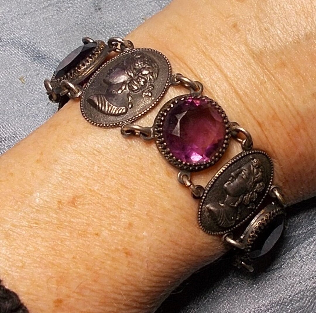 SALE 4 Silver Plated Cameos, 4 Amethyst Glass Settings BRACELET 8 ...