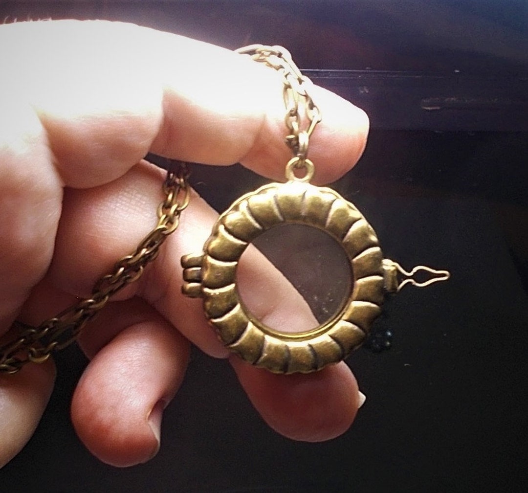 Brass Double Glass Porthole Locket Necklace , in Brass Ribbed Double ...