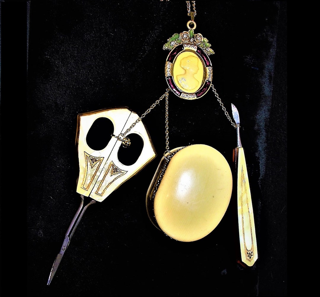 1920 Celluloid Sewing Chatelaine Thimble Holder, Scissors, Stiletto ...