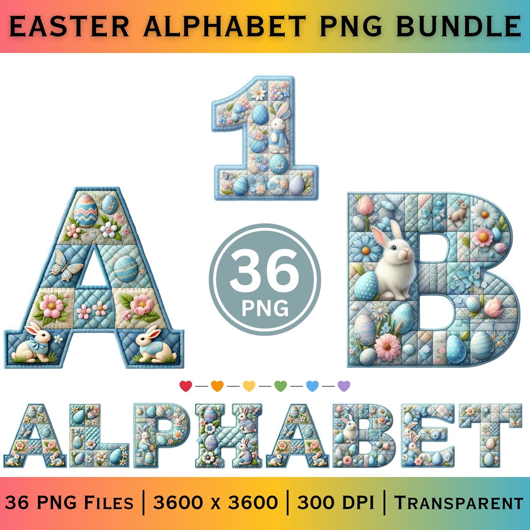 Easter Alphabet PNG, Pastel Patchwork Letters, Bunny Eggs Clipart ...