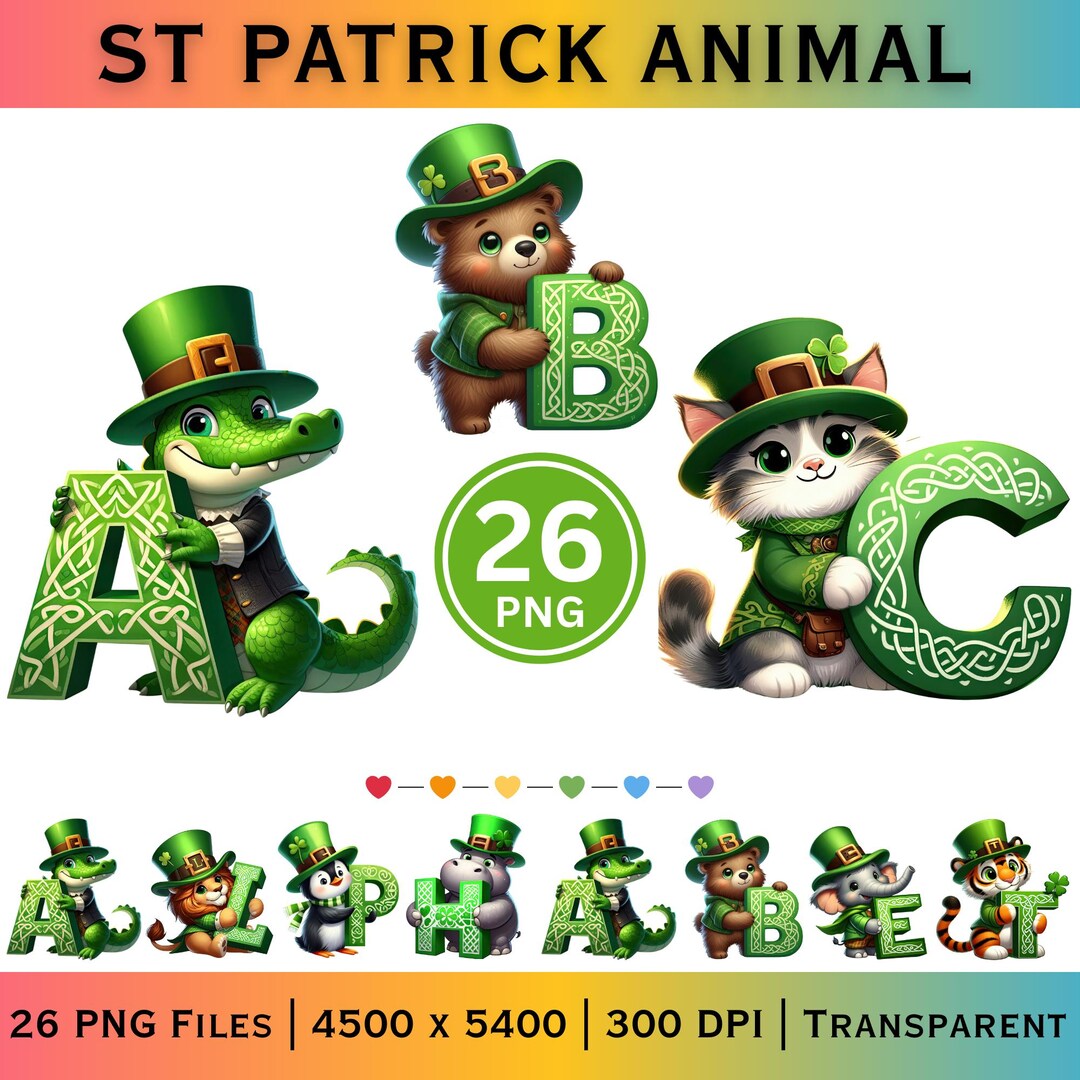 St Patrick Animal Alphabet PNG A to Z Shamrock Green Letters - Etsy