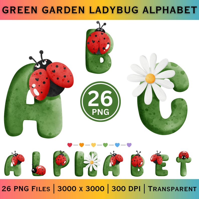 Green Garden Ladybug Alphabet PNG A to Z Kids Printable Nature Learning ...