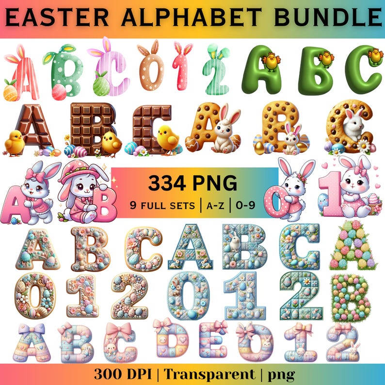 Easter Alphabet Clipart Bundle 334 PNG Letters Numbers Transparent ...