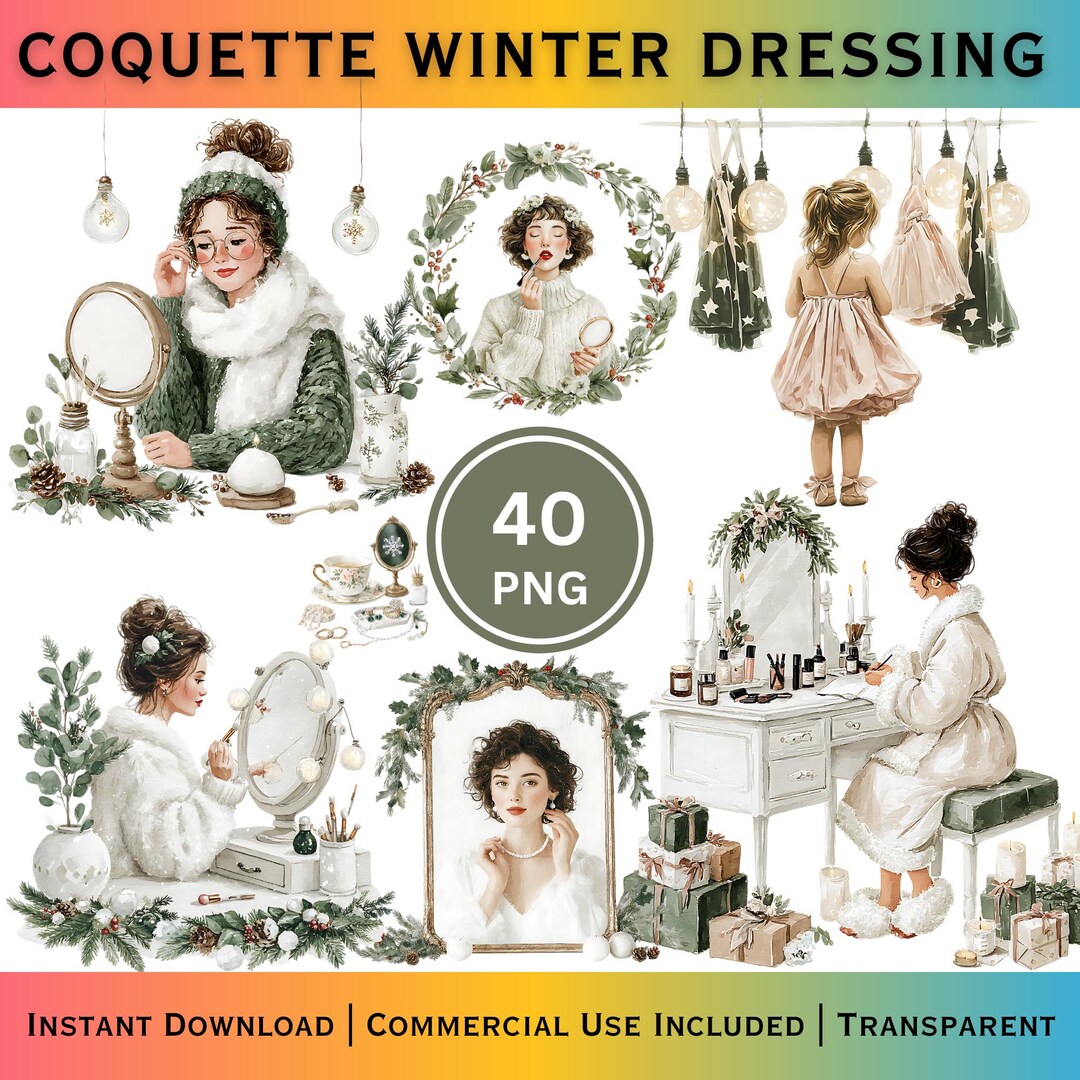 Coquette Winter Dressing Room Clipart PNG | Vintage Vanity Wardrobe for ...