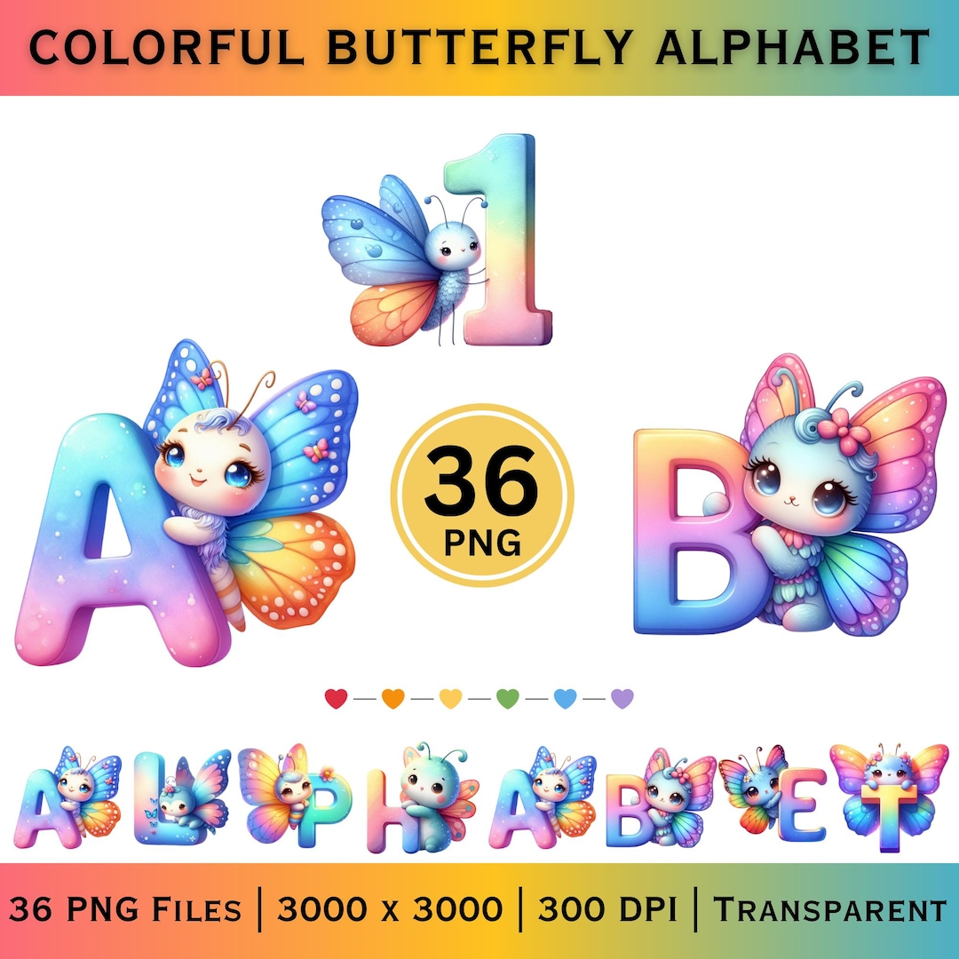 Colorful Butterfly Alphabet and Numbers PNG Set | Kids Nursery Decor ...
