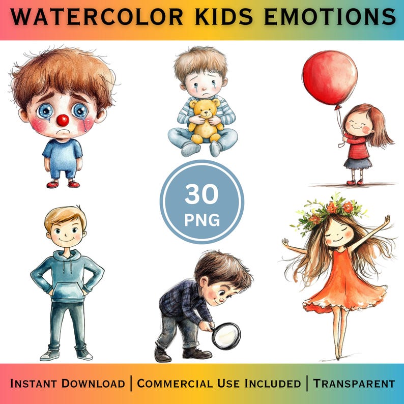 Watercolor Kids Png Emotions Set, Hand Painted Classroom Feelings ...