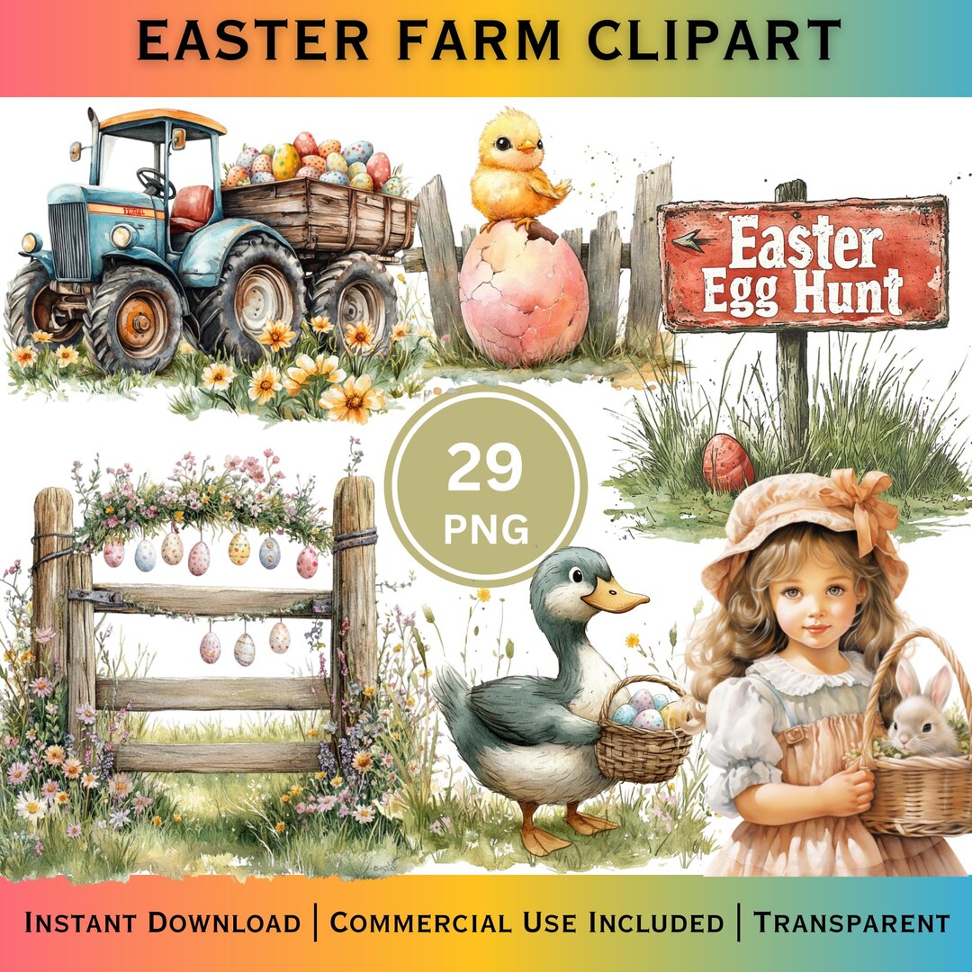 Watercolor Easter Farm Clipart | Bunny, Barn, Egg Hunt (PNG Digital ...