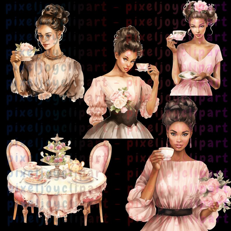 Watercolor Tea Party Black Girl Clipart Elegant Floral Tea Set Princess ...
