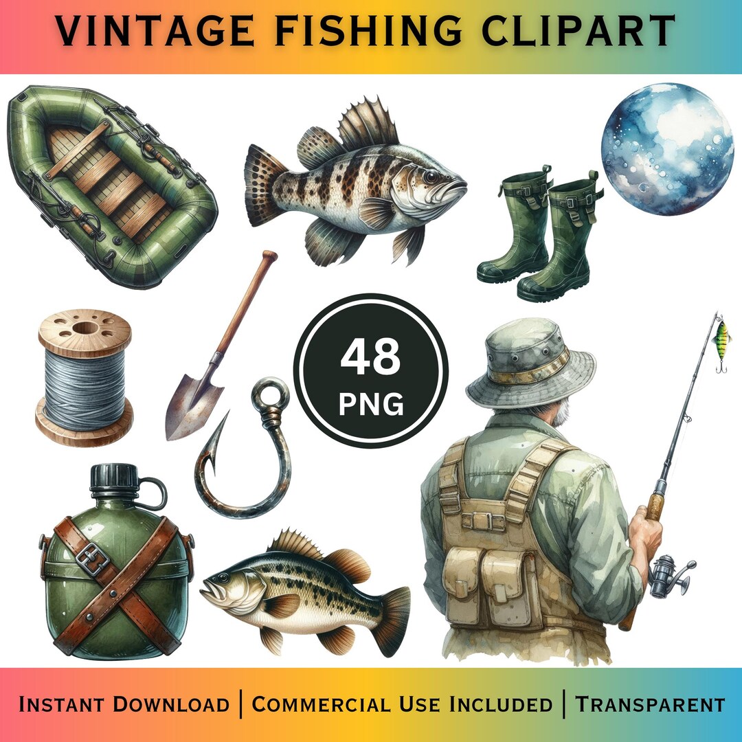 Vintage Fishing Clipart Bundle, Fisherman, Rod, Hook, Camping PNG ...