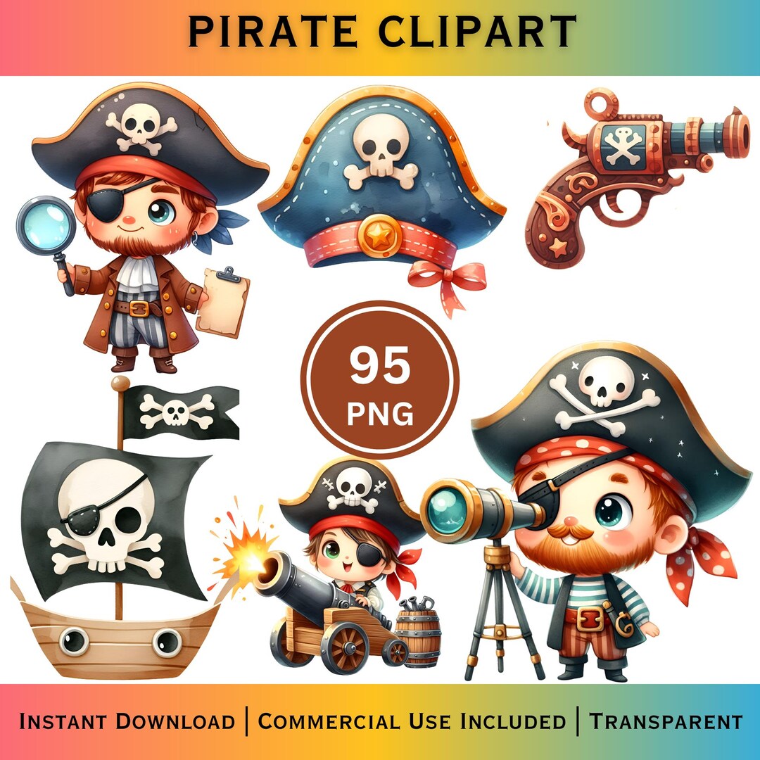 Pirate Clipart Bundle, Kids Party Graphics, Treasure Chest, Ship, Map ...